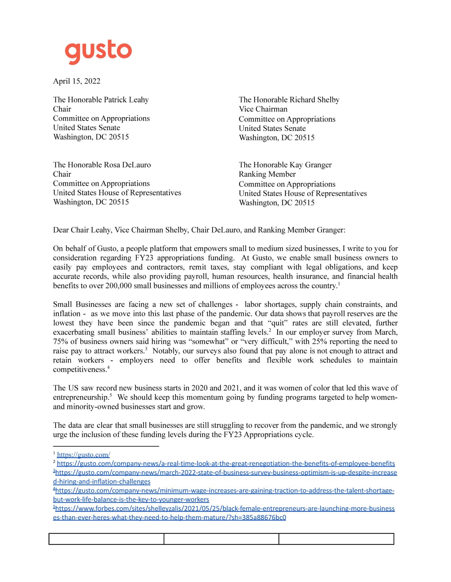 Gusto Sends Letter to Congress Regarding FY23 Funding for SMBs | Gusto